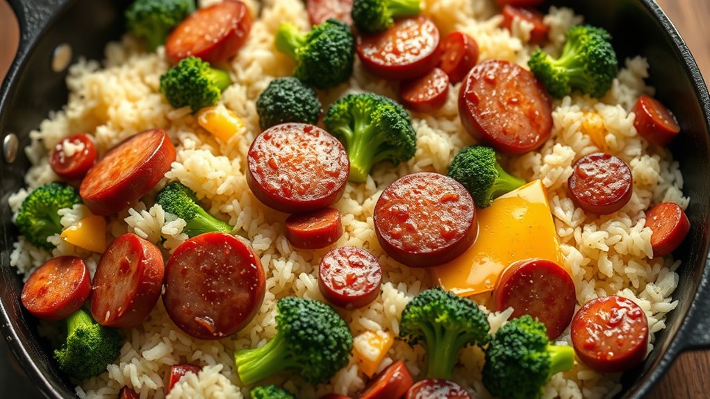 Cheesy Kielbasa Rice And Broccoli Skillet Recipe - Tasteful Twists